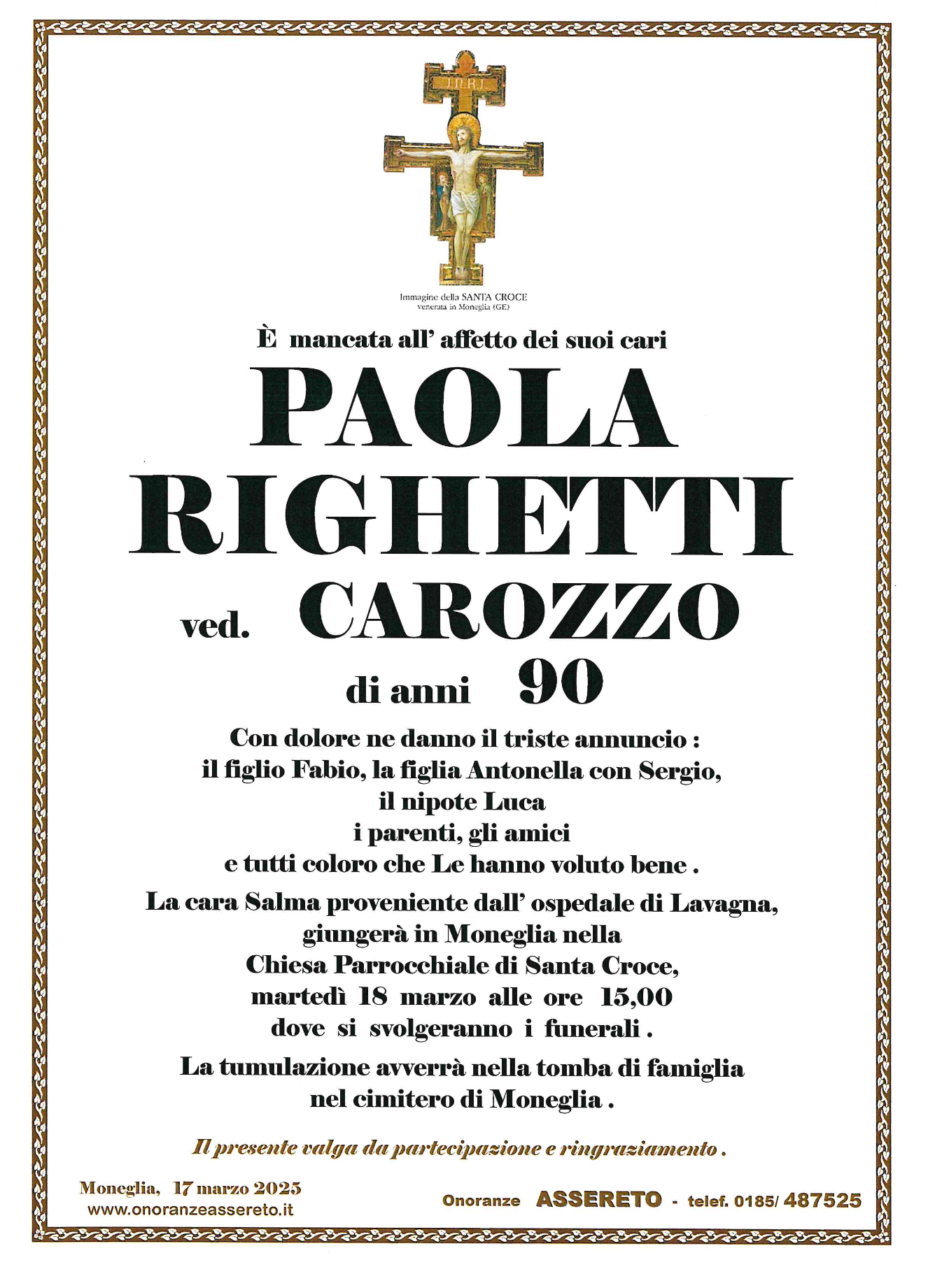 Moneglia, addio a Paola Righetti - Piazza Levante
